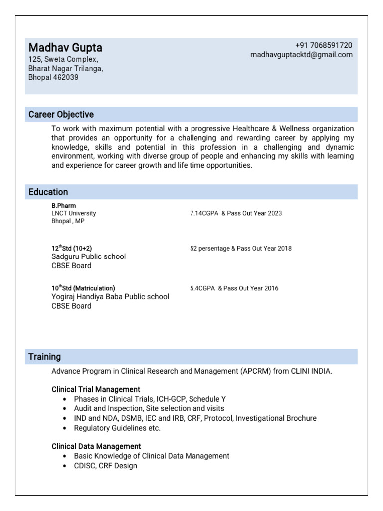 Madhav A Resume | PDF | Pharmacovigilance | Clinical Trial