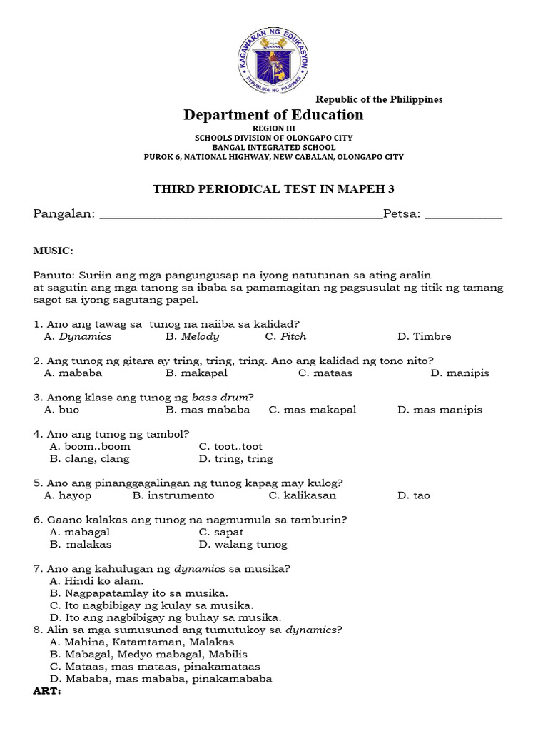 3rd PT in Mapeh 3.docx - 3 | PDF