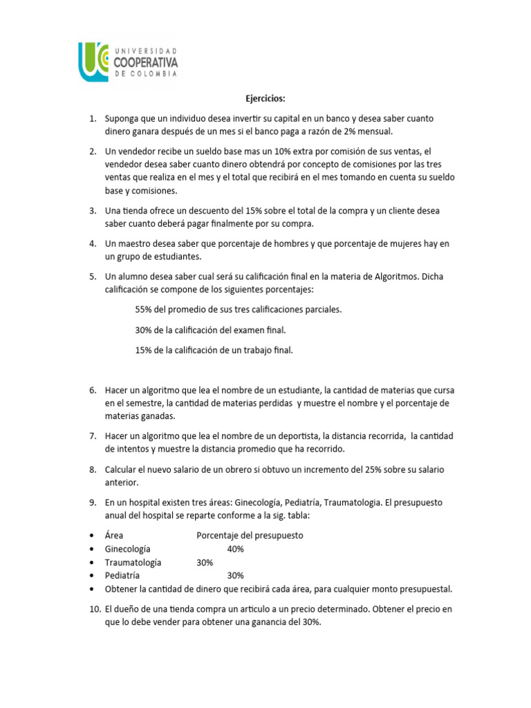 Ejercicios Propuestos Algoritmos | PDF | Presupuesto | Economias
