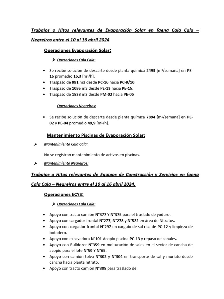 Informe de Operaciones Cala Cala 2024 | PDF
