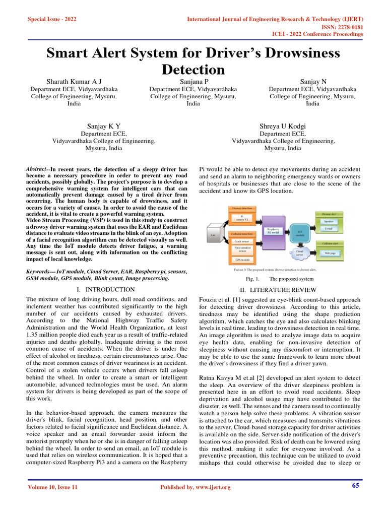 Smart Alert System For Drivers Drowsiness Detection IJERTCONV10IS11014 | PDF | Internet Of ...