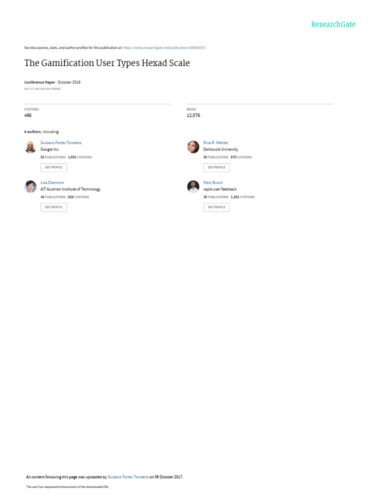 The Gamification User Types Hexad Scale: October 2016 | PDF | Survey Methodology | Motivation