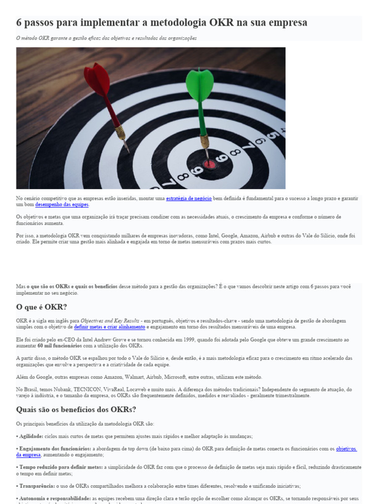 6 passos para implementar a metodologia OKR na sua empresa | PDF