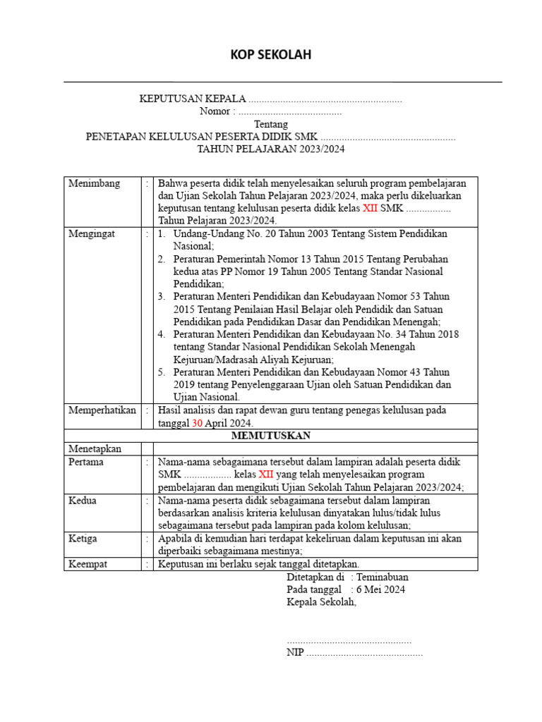 Contoh Format SK Kelulusan SMK | PDF