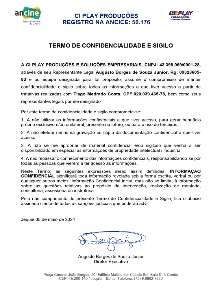 Termo de Confidencialidade e Sigilo - Tiago Medrado | PDF