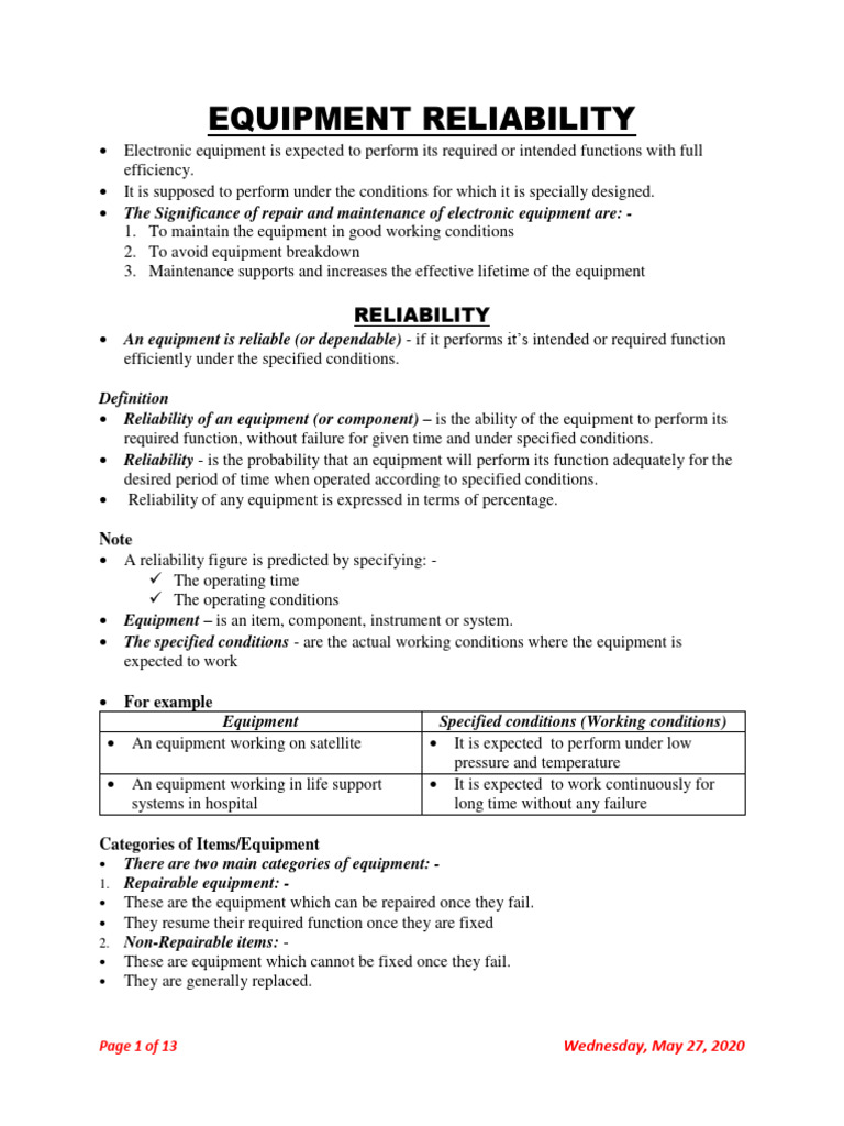 Equipment Reliability Notes | Download Free PDF | Reliability ...