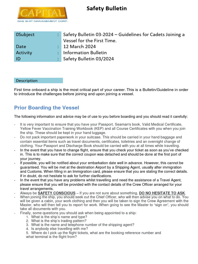 Safety Bulletin 03-2024 Guidelines For Cadets Joining A Vessel For The ...