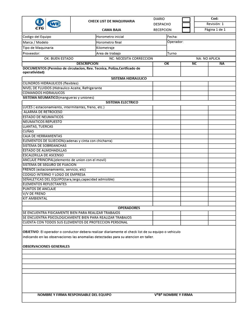 Checklist Diario Cama Baja | PDF