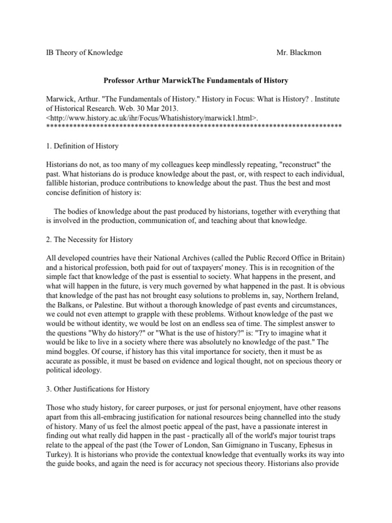 Marwick's Fundamentals of History | PDF | Historian | Knowledge