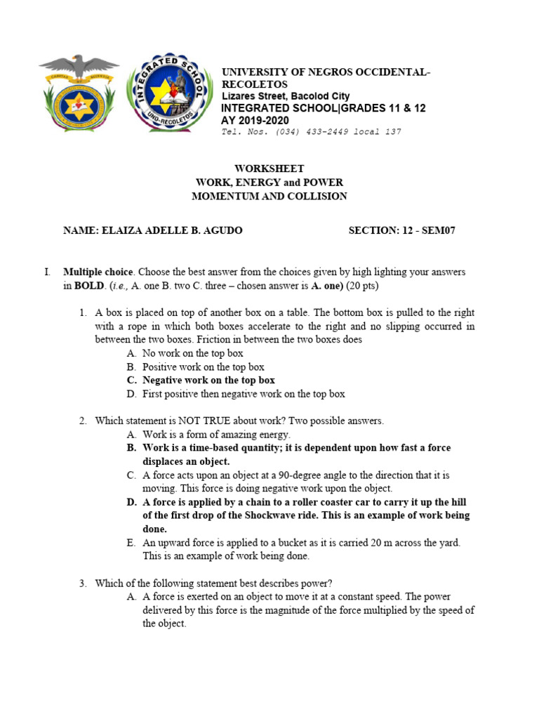 Worksheet Work To Momentum | PDF | Momentum | Force