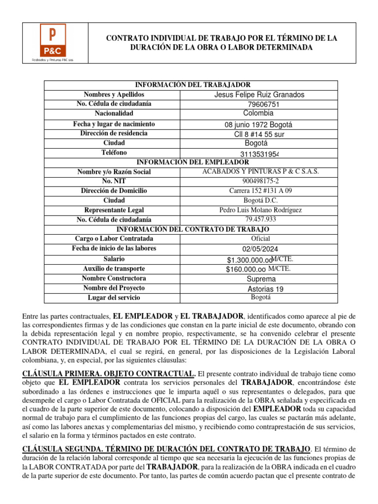 Contrato de Trabajo - Oficial | PDF | Salario | Derecho laboral Contrato de Trabajo - Oficial | PDF | Salario | Derecho laboral