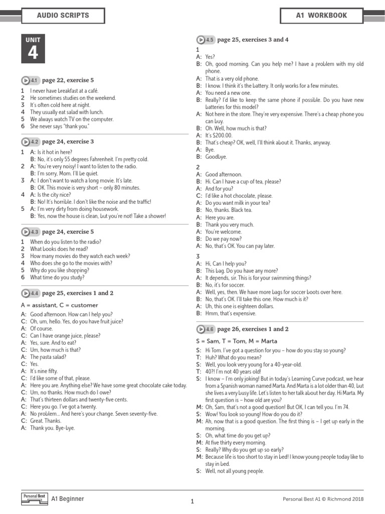 PB AmE A1 WB Audioscript U4 | PDF