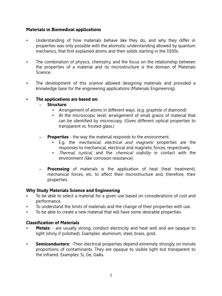 Materials in Biomedical Applications - Student Notes | PDF | Materials ...