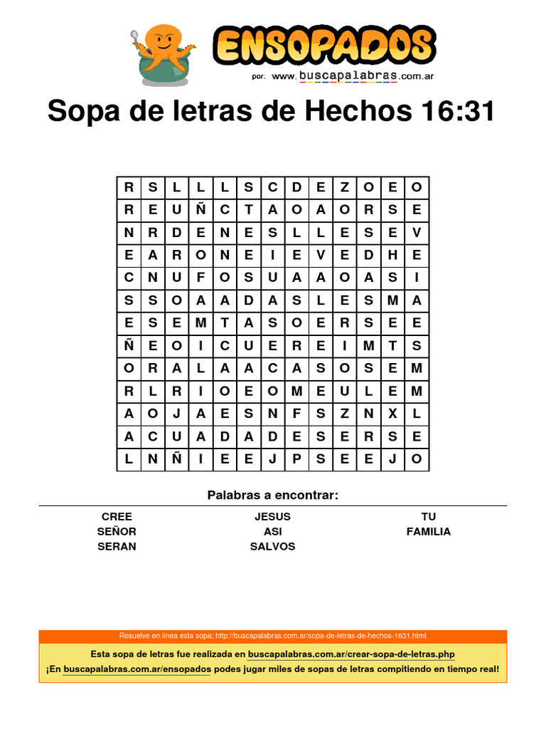 Sopa de Letras: Hechos 16:31 para Niños | PDF | Poesía