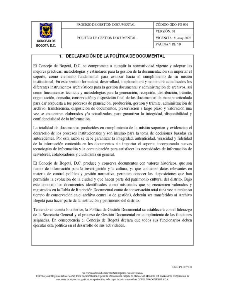 Política Gestión Documental Bogotá | PDF | Gestión de registros