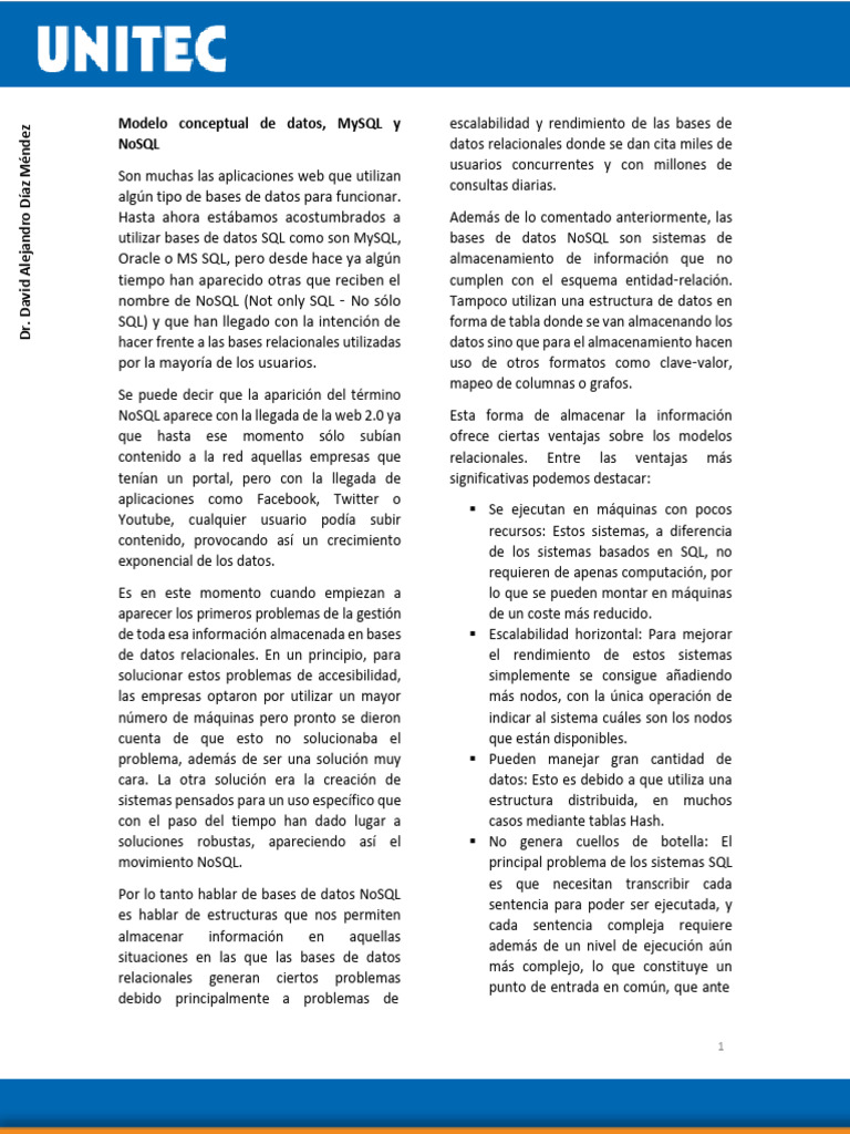 Modelo Conceptual de Datos, MySQL y NoSQL | PDF | No Sql | Bases de datos
