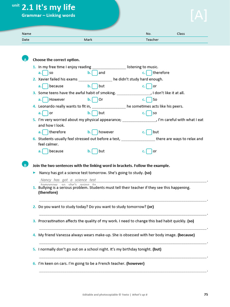 Unit 2.1 Grammar - Linking Words A - Page75 | PDF | Language Arts ...