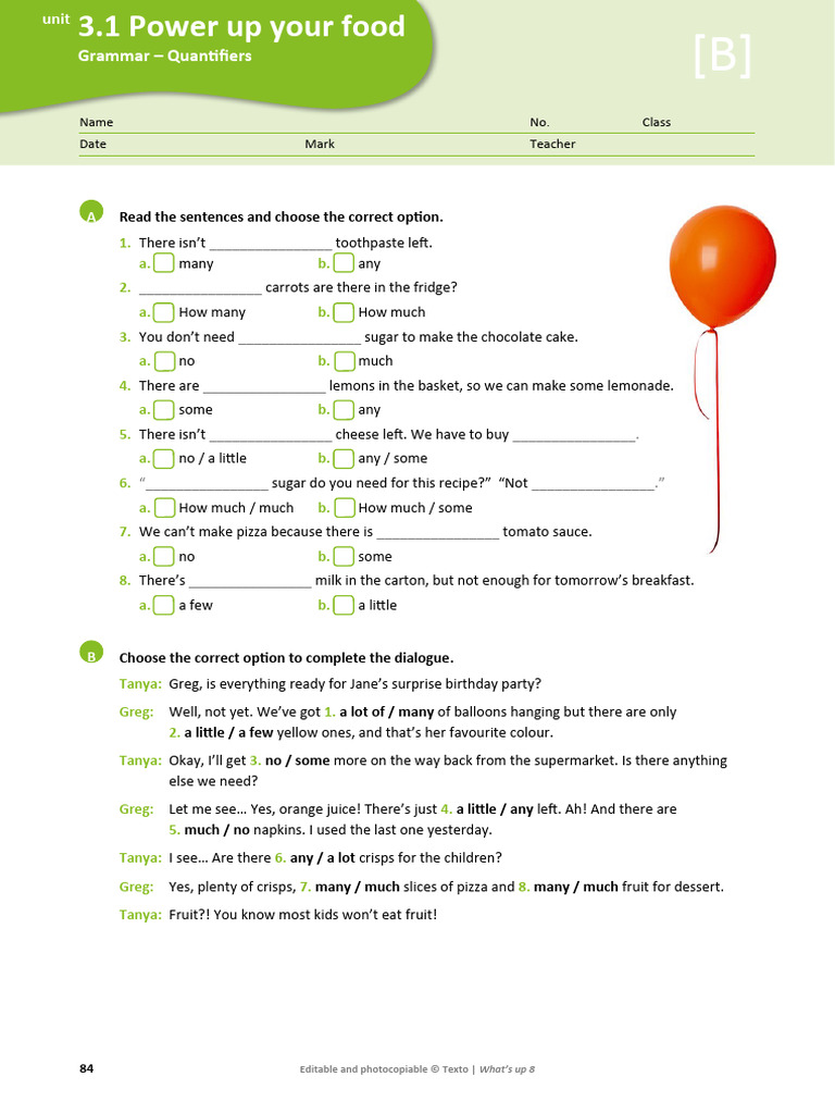 Unit 3.1 Grammar - Quantifiers B - Page84 | PDF | Foods | Cuisine