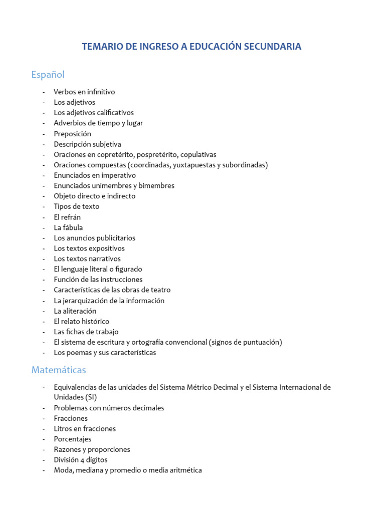 Temario de Ingreso A Educación Secundaria | PDF | México | Geometría