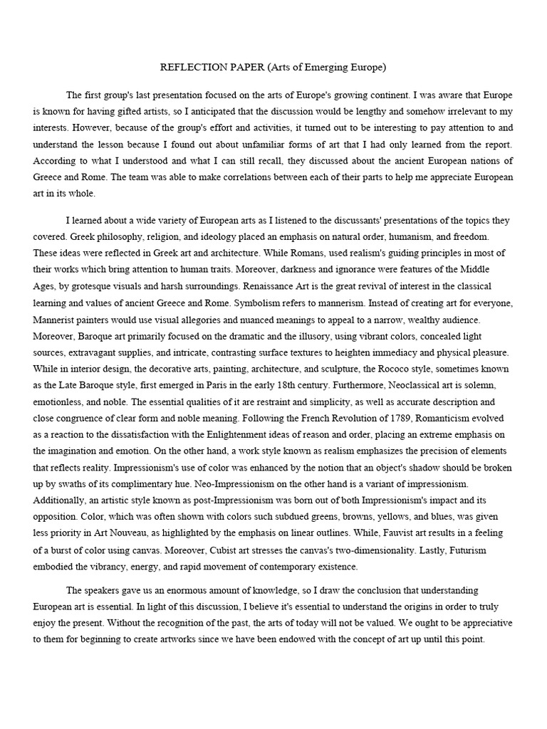 Art Appre - Reflection Paper Europe | PDF | Liberal Arts Education ...