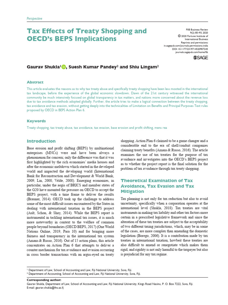 Tax Effects of Treaty Shopping and OECD's BEPS Implications | PDF ...