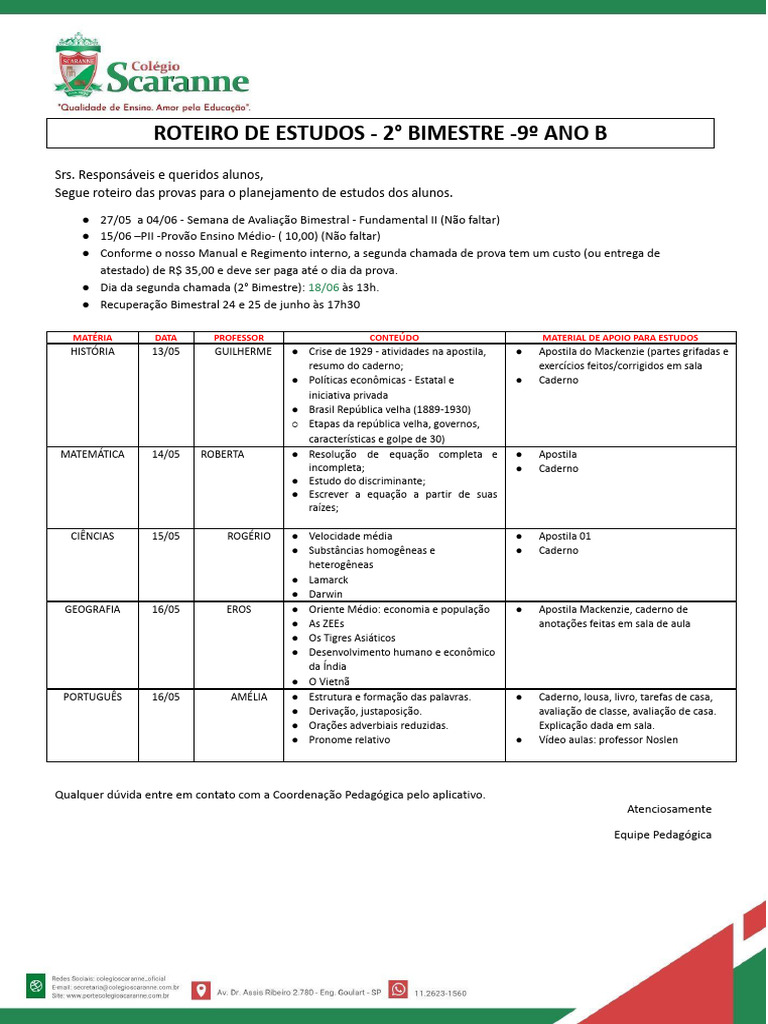 Roteiro de Estudos - Fundamental II 9º ANO B | PDF