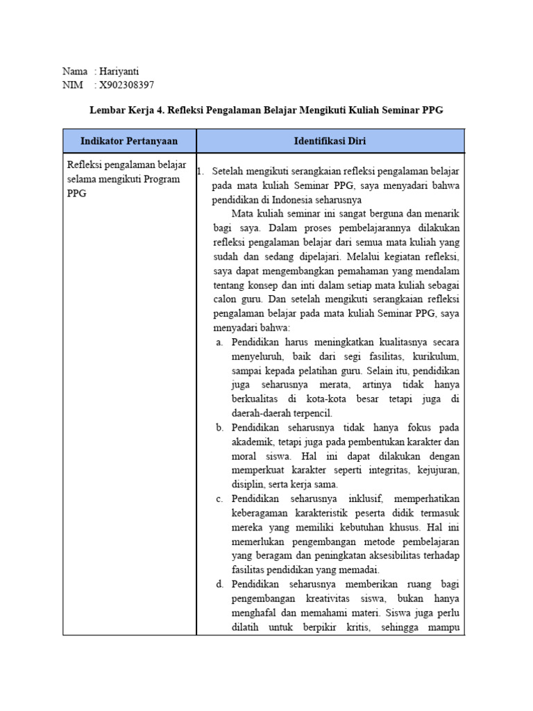 Refleksi Pengalaman Belajar PPG | PDF