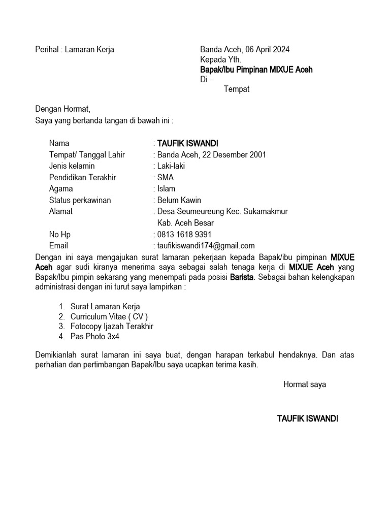 Lamaran Kerja Barista di MIXUE Aceh | PDF