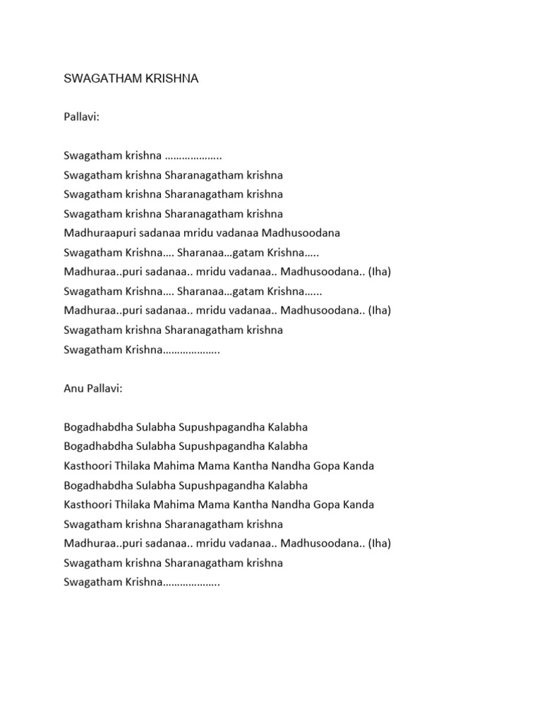 Swagatham Krishna Lyrics | PDF | Philosophy