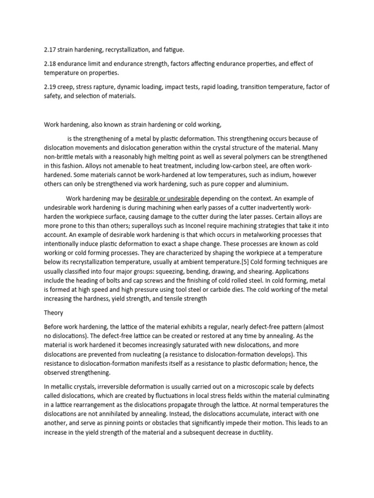 Work Hardening | PDF | Plasticity (Physics) | Deformation (Engineering)