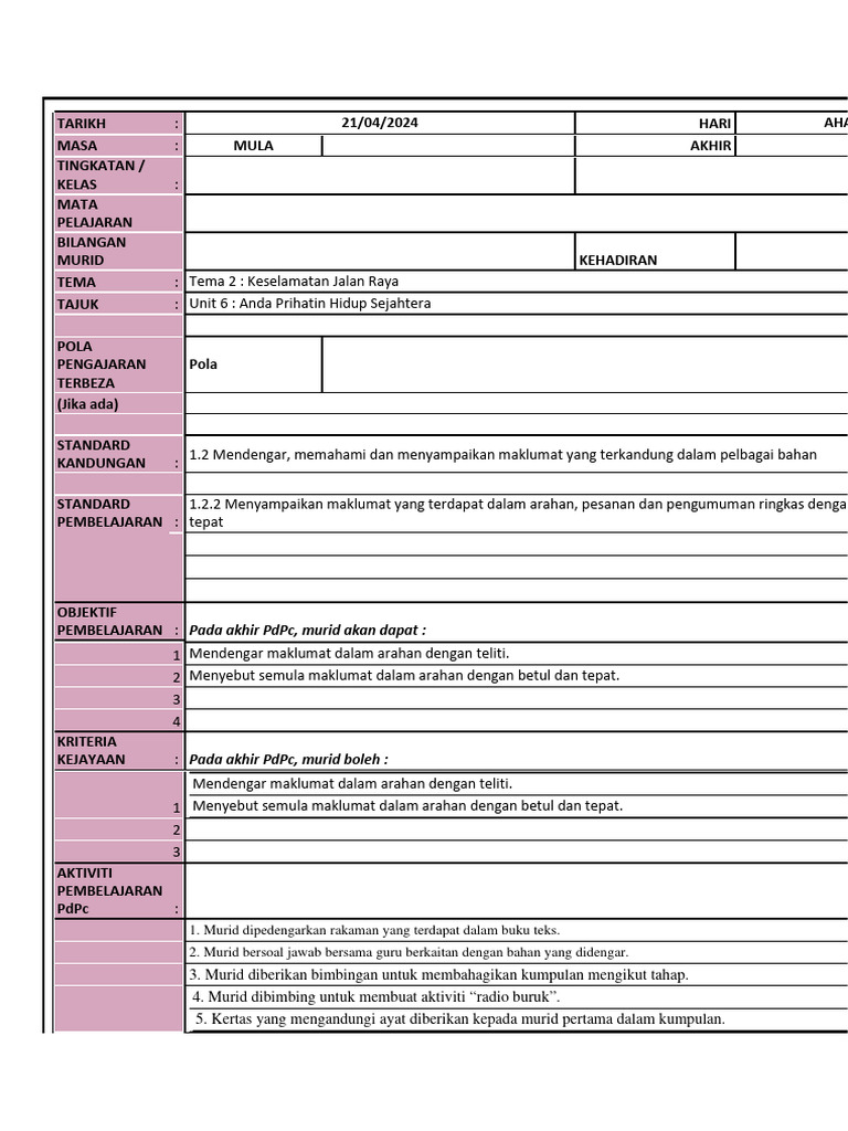 RPH Kemahiran Mendengar Dan Bertutur | PDF