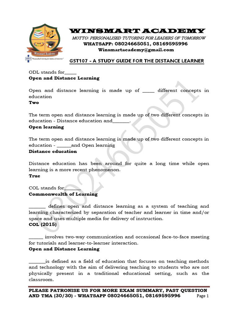 GST107 Study Guide for Distance Learners | PDF | Distance Education ...