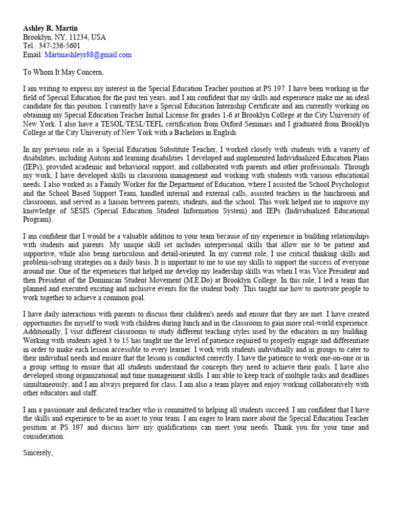 Ashley R Martin Cover Letter and Resume 2024 | PDF | Teachers | Special ...