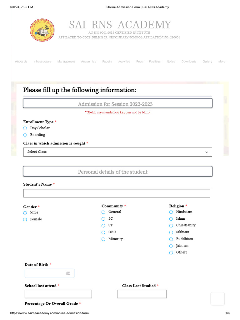 Online Admission Form - Sai RNS Academy | PDF