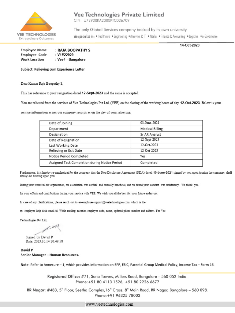 Releaving Letter RAJA BOOPATHY S | PDF | Business | Finance & Money ...