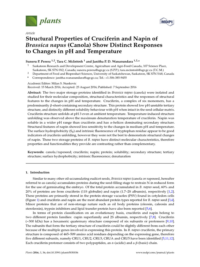 2016 - Perera - Cruciferin and Napin of Canola - PH Temp | PDF ...