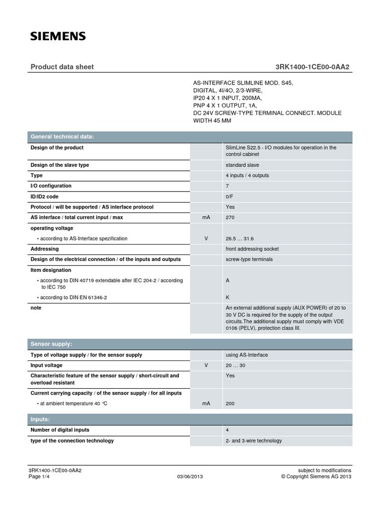 Siemens 3RK1400 1CE00 0AA2 Datasheet | PDF | Electrical Engineering ...