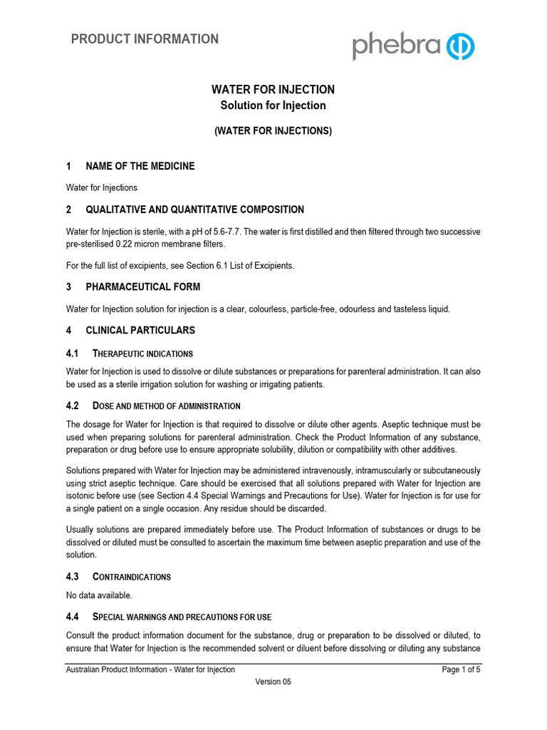 Water for Injection Product Info | PDF | Injection (Medicine) | Adverse ...