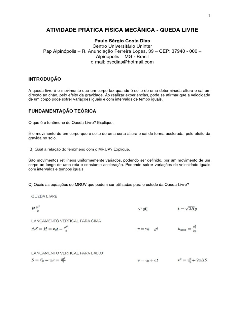 Atividade Prática Física Mecânica | PDF | Gravidade | Física