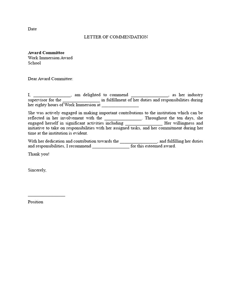 Work Immersion Award Commendation Letter | PDF