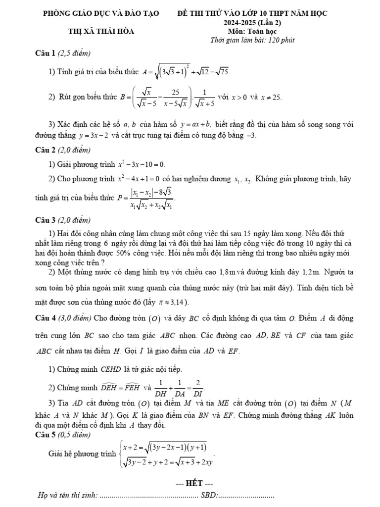 De Thi Thu Toan Vao Lop 10 Lan 2 Nam 2024 2025 Phong GDDT Thai Hoa Nghe An | PDF