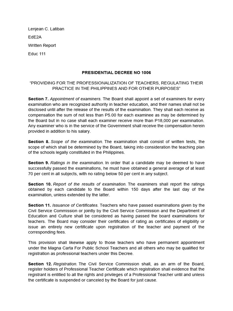 PRESIDENTIAL DECREE 1006 (Latiban-Lenjean) | PDF | Teachers | Citizenship