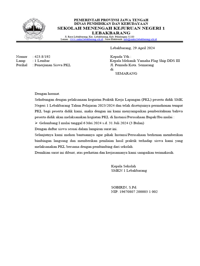 Surat Penerjunan PKL 24 | PDF