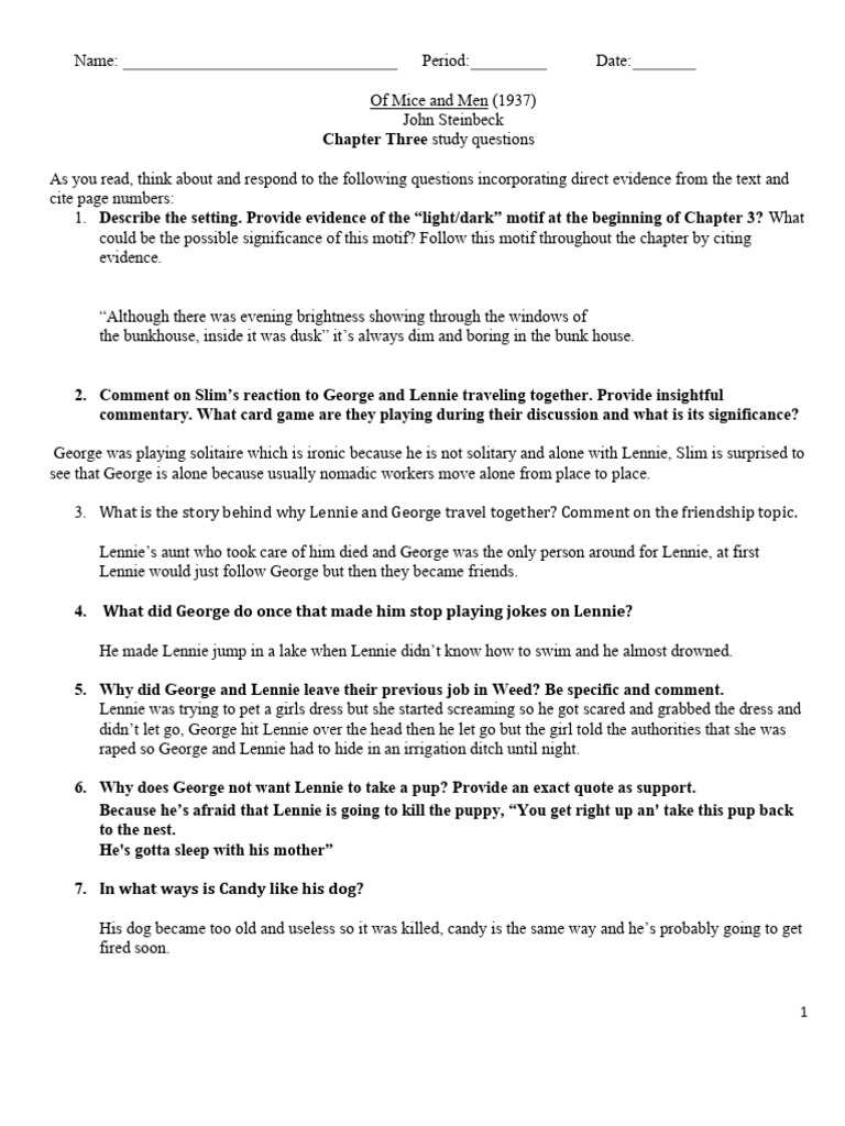 Of Mice and Men Chapter 3 Study Guide | PDF | Mystery, Thriller & Crime ...