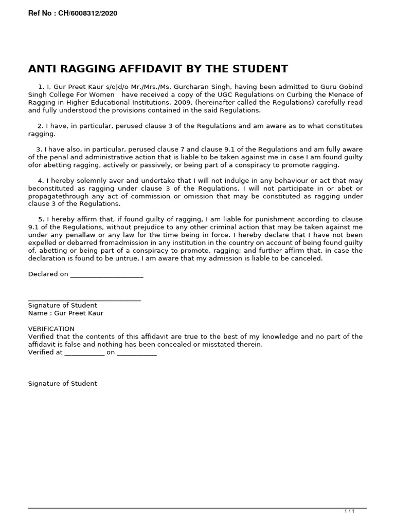 Anti Ragging Affidavit by The Student: Ref No: CH/6008312/2020 | PDF | Affidavit