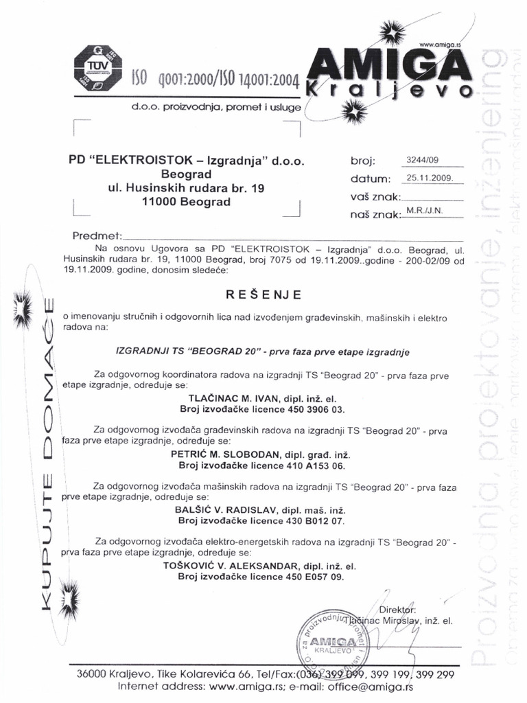 Resenje o Imenovanju Odgovornog Izvodjaca Amiga | PDF