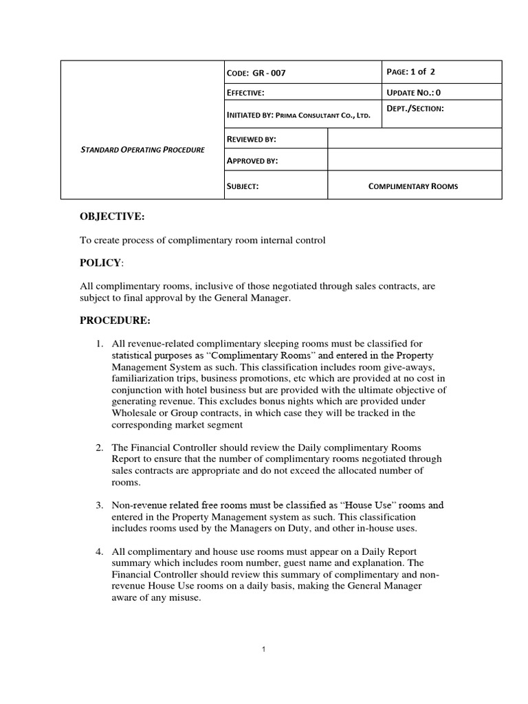 Complimentary Room Control SOP | PDF | Business | Economies
