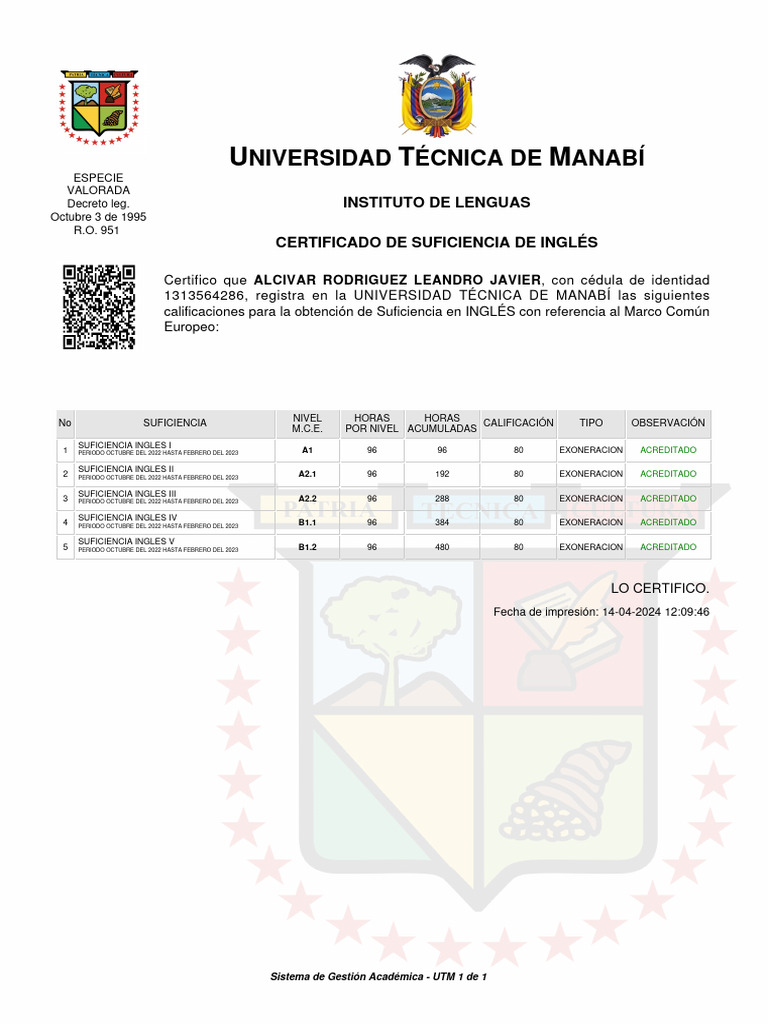 Certificado de Ingles UTM | PDF