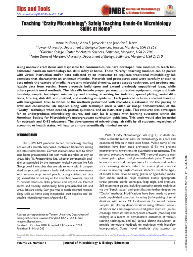 Jozwick Et Al 2021 Teaching Crafty Microbiology Safely Teaching Hands ...