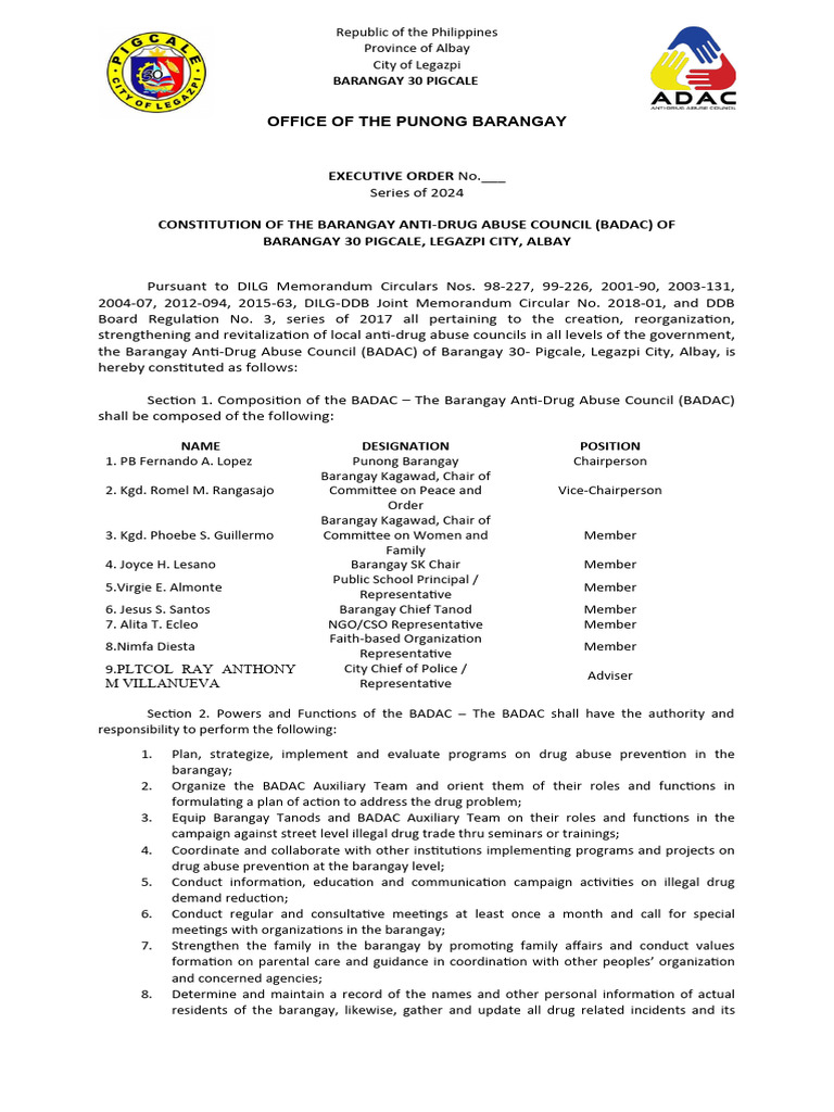 BADAC Constitution for Barangay 30 Pigcale | PDF | Substance Abuse ...
